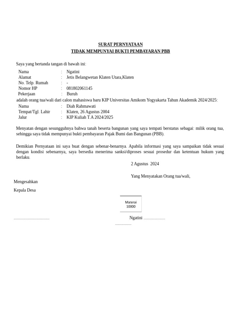 TEMPLATE SURAT-KETERANGAN-TIDAK-PUNYA-PBB. Amikom | PDF
