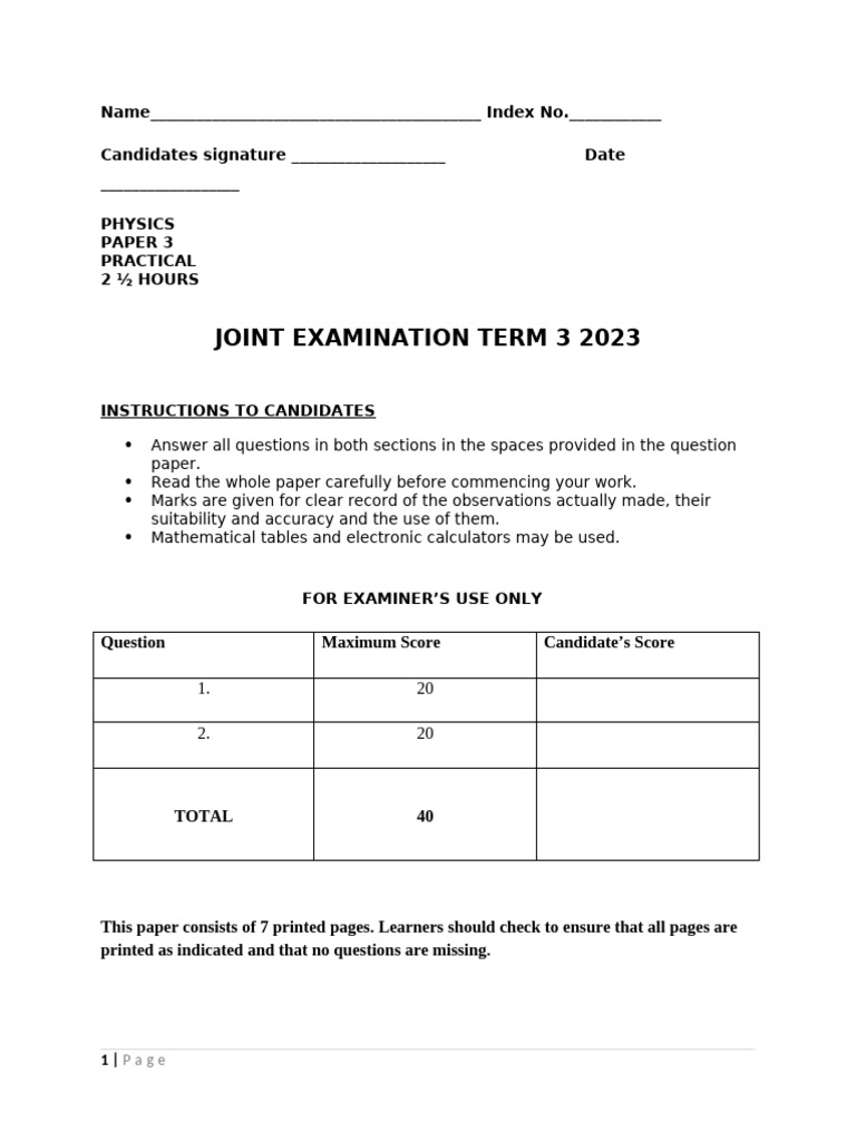 Form 3 2023 End T3 Physics PP3 QS - Teacher - Co - .Ke - Set - A | PDF | Resistor | Electrical ...