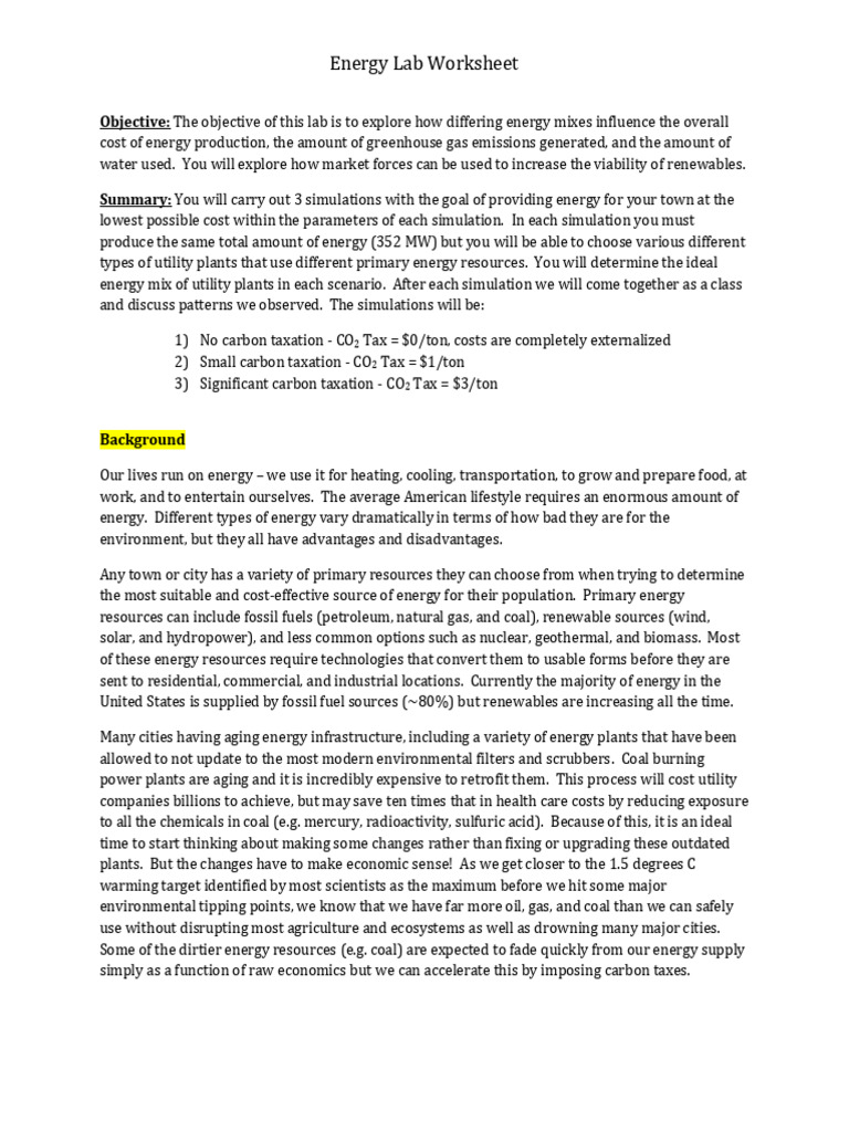 Energy Lab Worksheet - Online s24 | PDF | Carbon Tax | Solar Power
