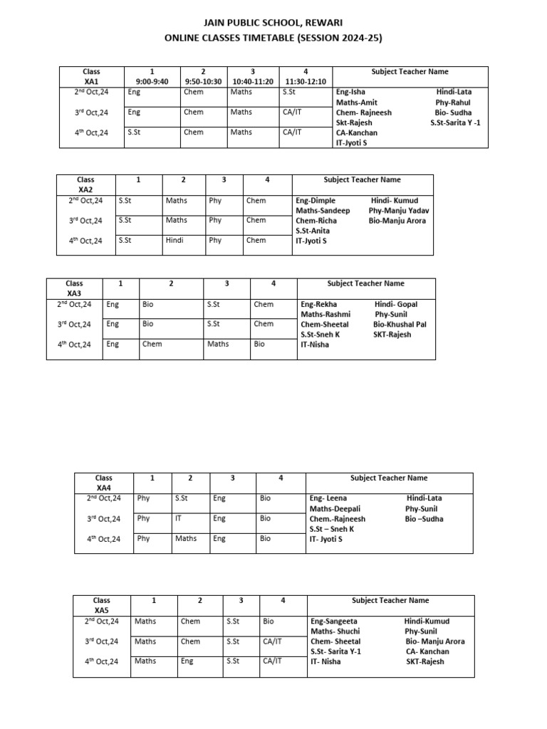 X Online Classes Timetable 2024-25 | PDF