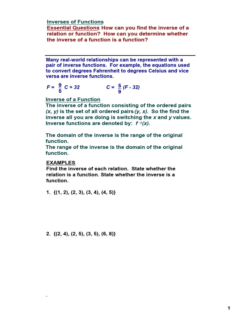 1-30-13 - Inverses of Functions | PDF | Function (Mathematics) | Algebra