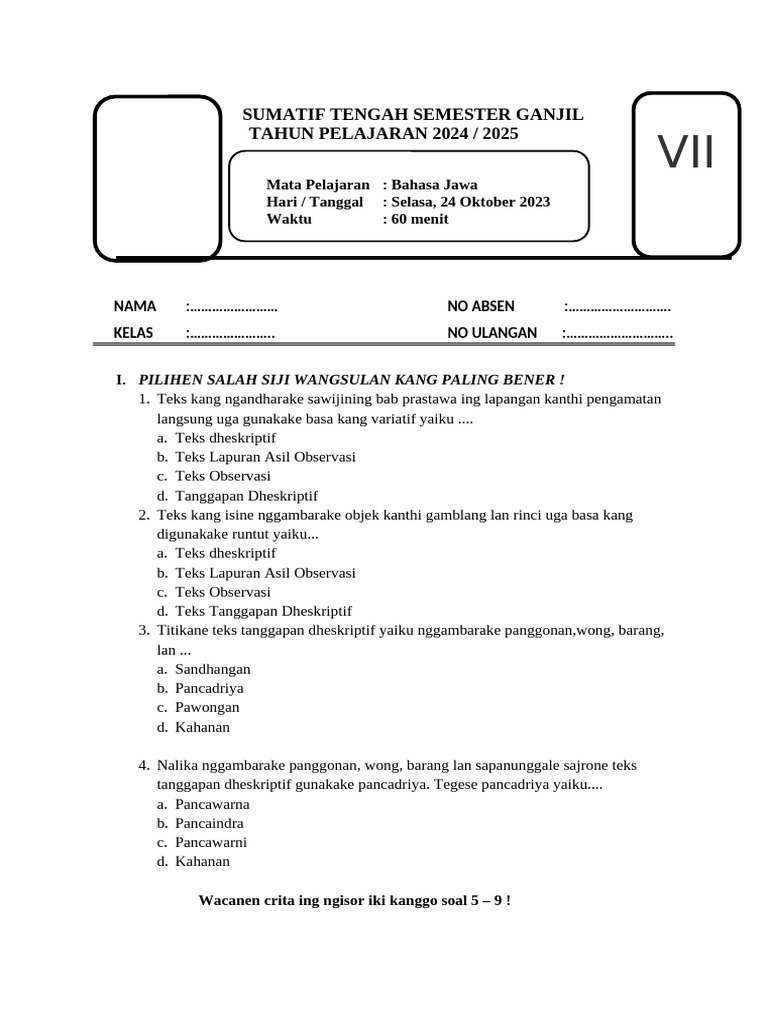 Soal STS Basa Jawa KLS7 SMT Ganjil 2024 | PDF