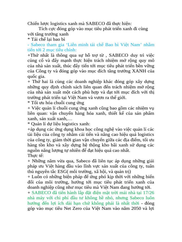 Chiến lược logistics xanh mà SABECO đã thực hiện | PDF