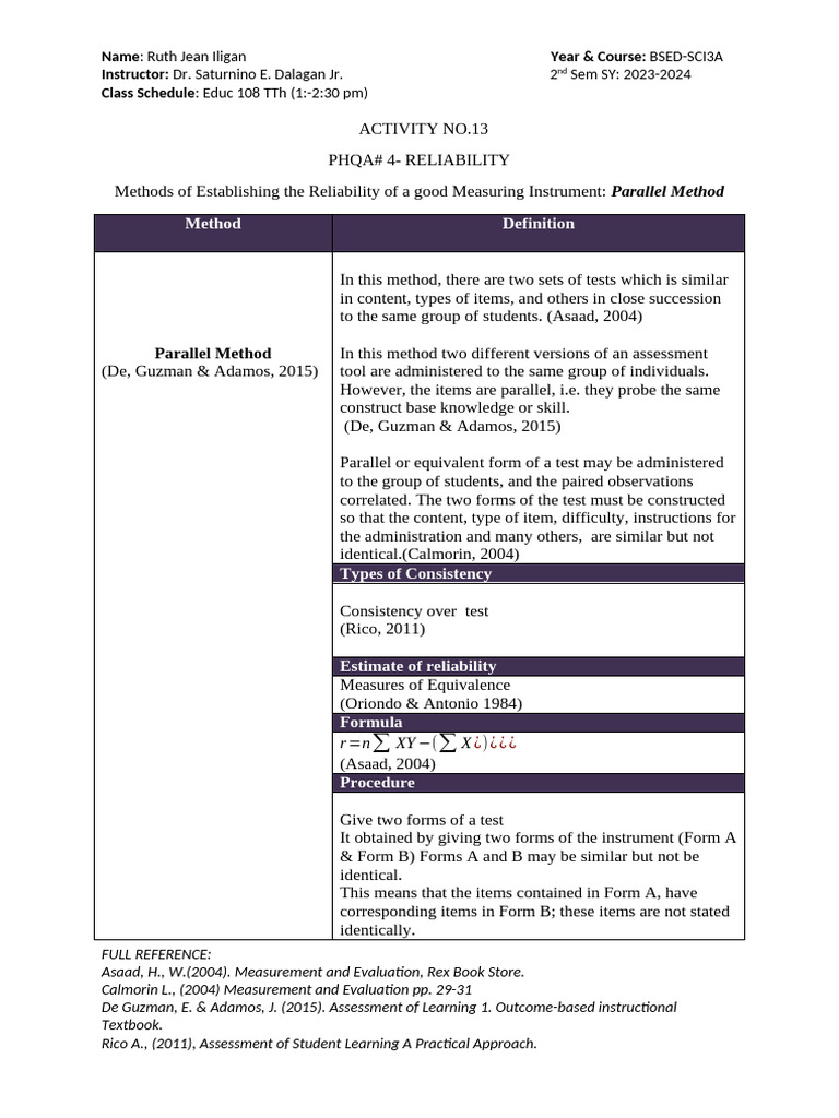 ACTIVITY NO. 13 PHQA# 4 PARALLEL METHOD docx_2 | PDF | Evaluation Methods