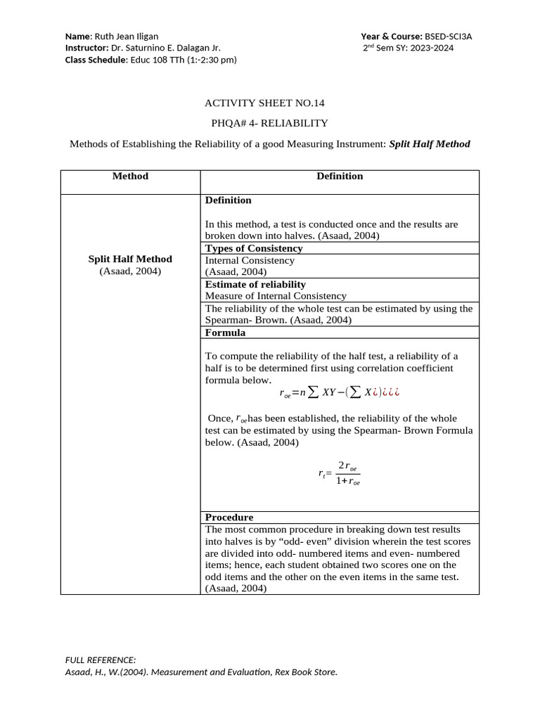 ACTIVITY NO. 14 PHQA# 4 SPLIT HALF METHOD Docx - 2 - 2 | PDF ...