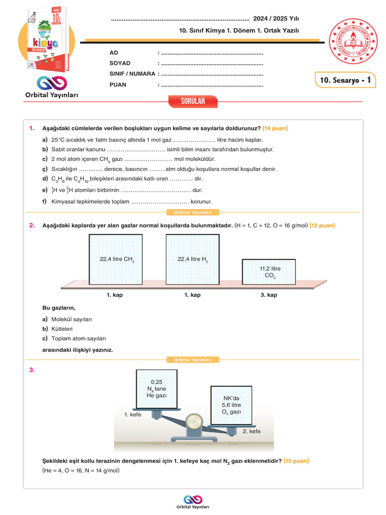 Orbital Kimya 10. Sınıf Örnek Yazılı | PDF