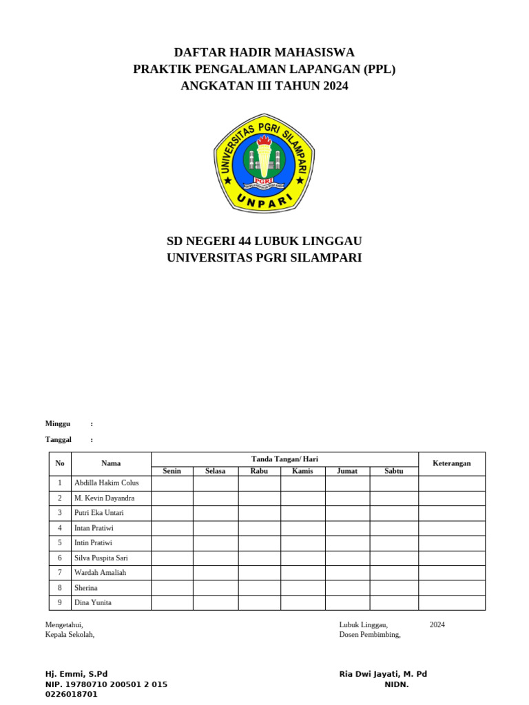 daftar hadir mahasiswa ppl | PDF