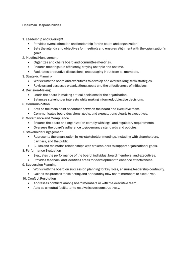 Chairman Responsibilities | PDF | Career & Growth