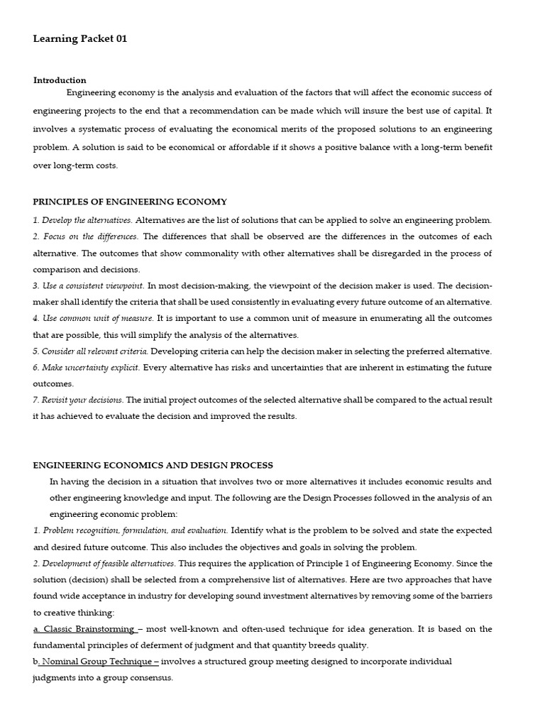 BECC0403 - LM1.1 - Introduction To Engineering Economy | PDF | Decision Making | Engineering