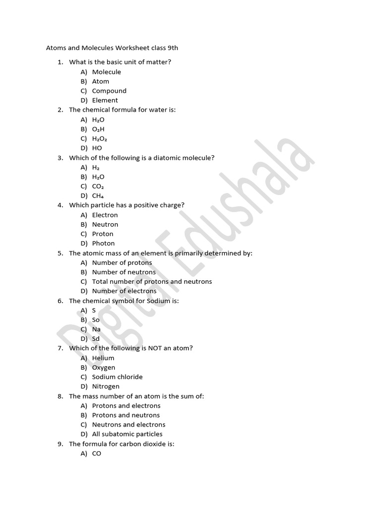 Atoms and Molecules Worksheet Class 9th | PDF | Atoms | Ion