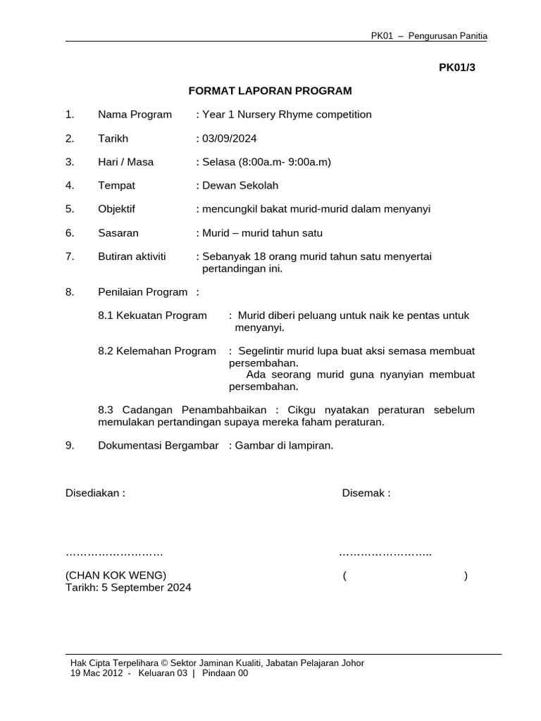 PK01 - 3 - FORMAT - LAPORAN Nursery Rhyme Year 1 | PDF