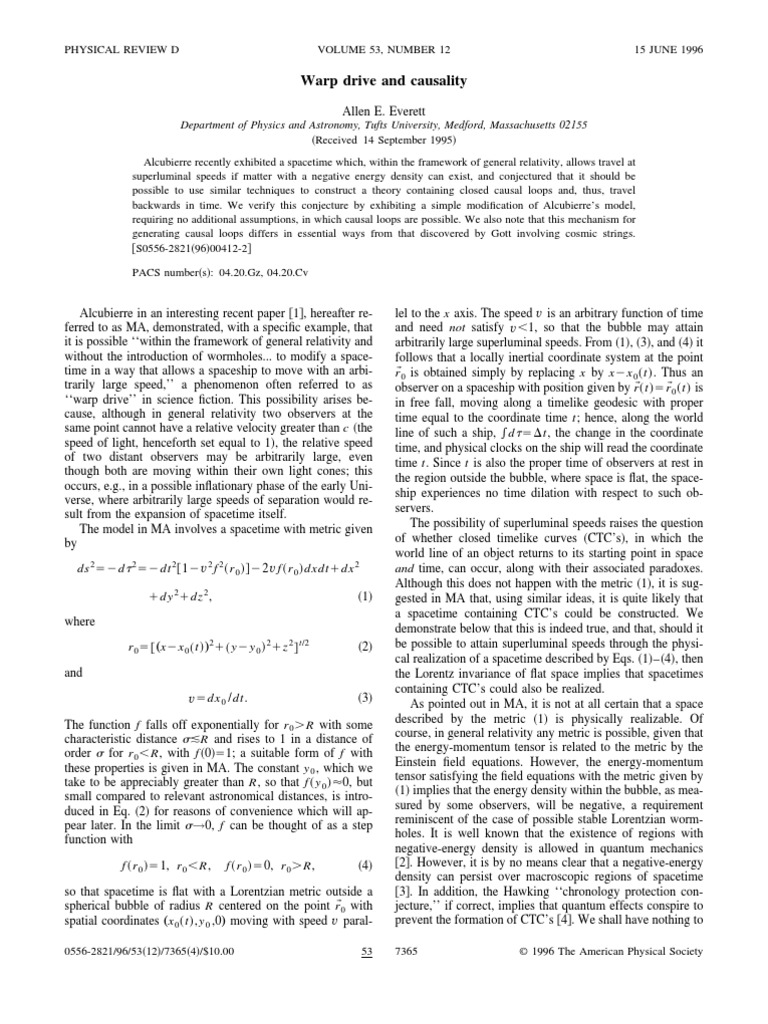 Allen E. Everett - Warp Drive and Causality | PDF | Spacetime | General ...