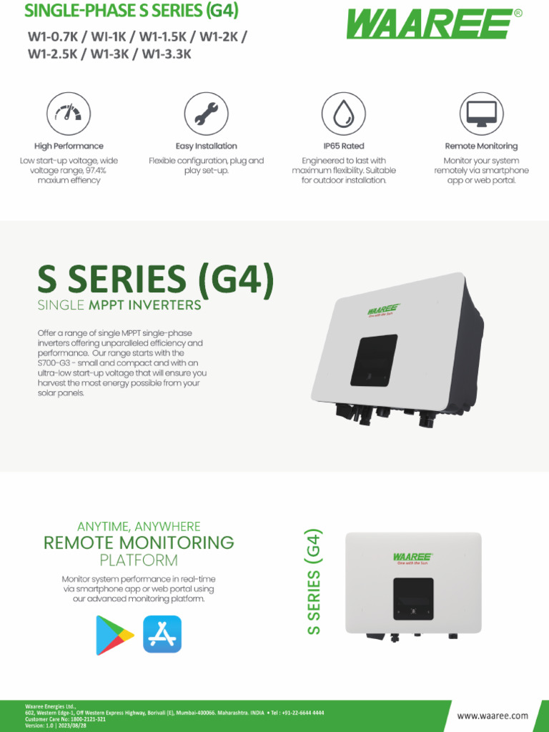 Waaree-S (G4) Series Datasheet With Single MPPT (2024) | PDF