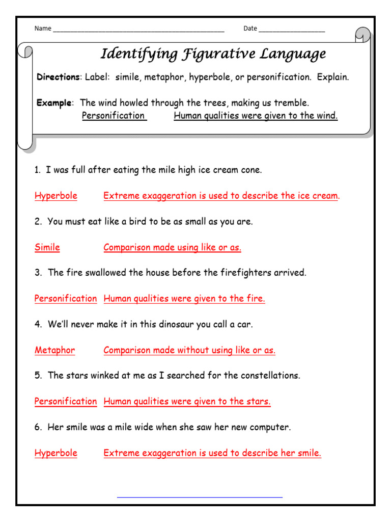 WS Identifying Figurative Language Key | PDF