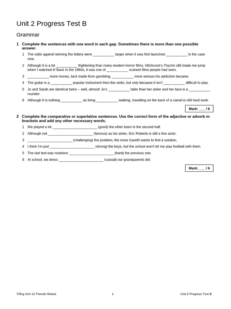 Tiếng Anh 12 Friends Global - Unit 2 - progress - test - b | PDF