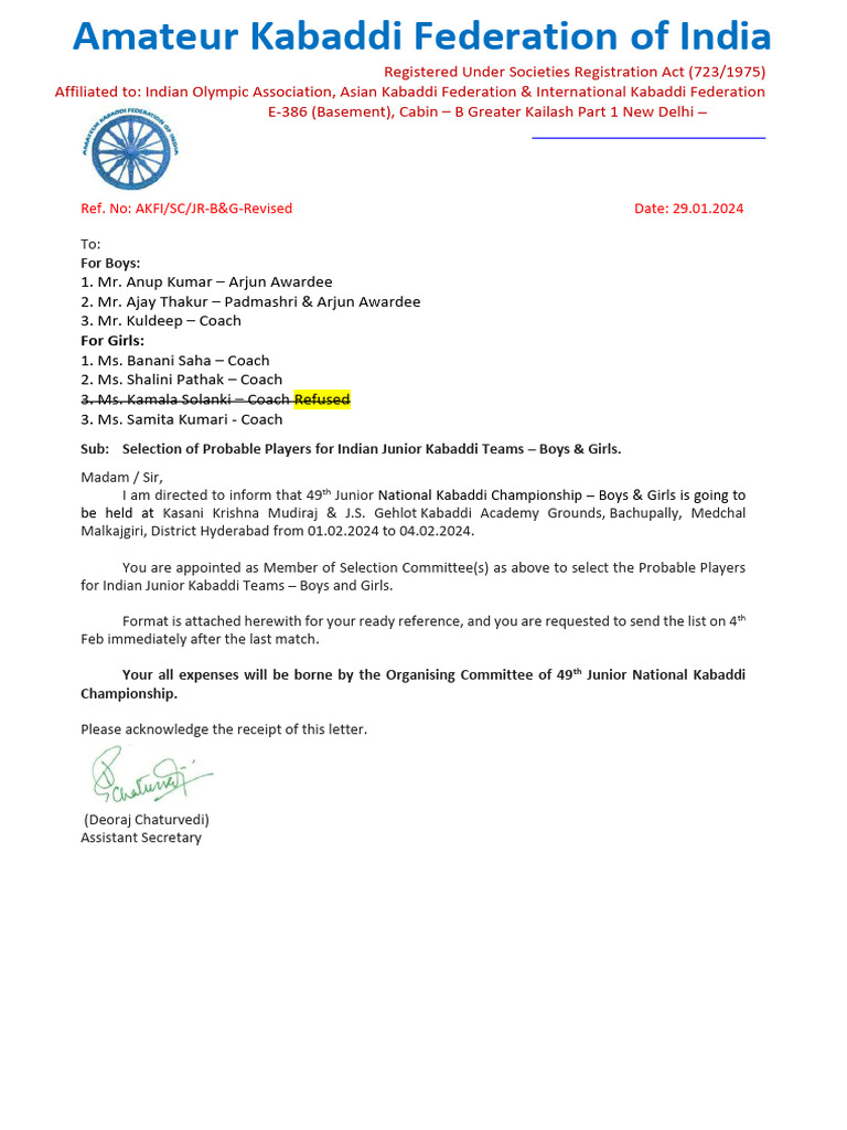Junior Kabaddi Team Selection Notice | PDF | Sports & Recreation