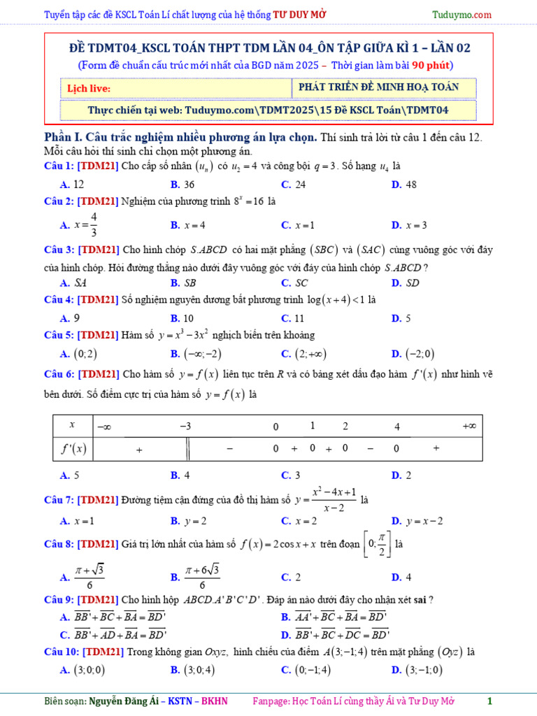 Đề Tdmt04 - kscl Toán Thpt Tdm Lần 04 - ôn Tập Gk1 - số 02 | PDF