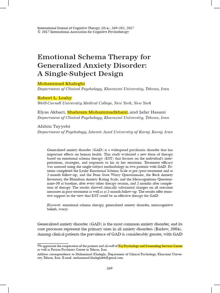 Emotional Schema Therapy For Generalized | PDF | Generalized Anxiety ...