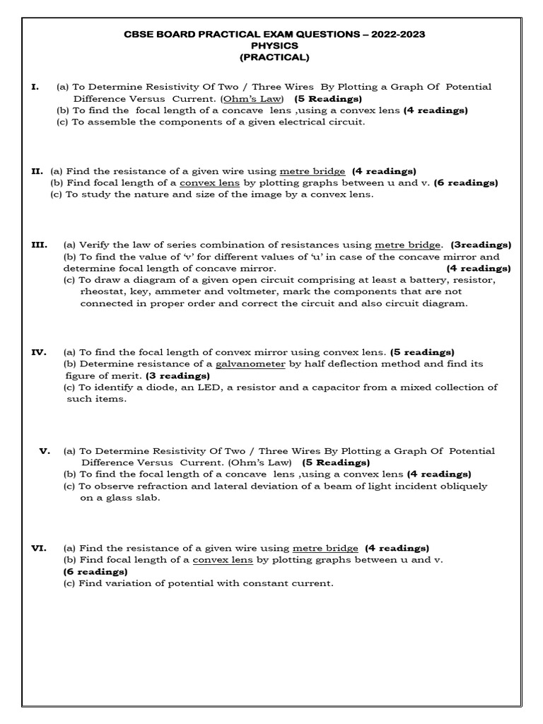 PHYSICS PRACTICAL QP PAPER 2022-23 | PDF