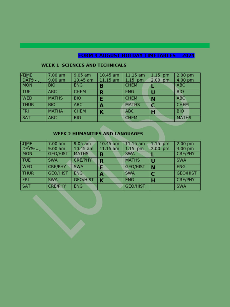 Form 4 August Holday Timetables 2024 | PDF