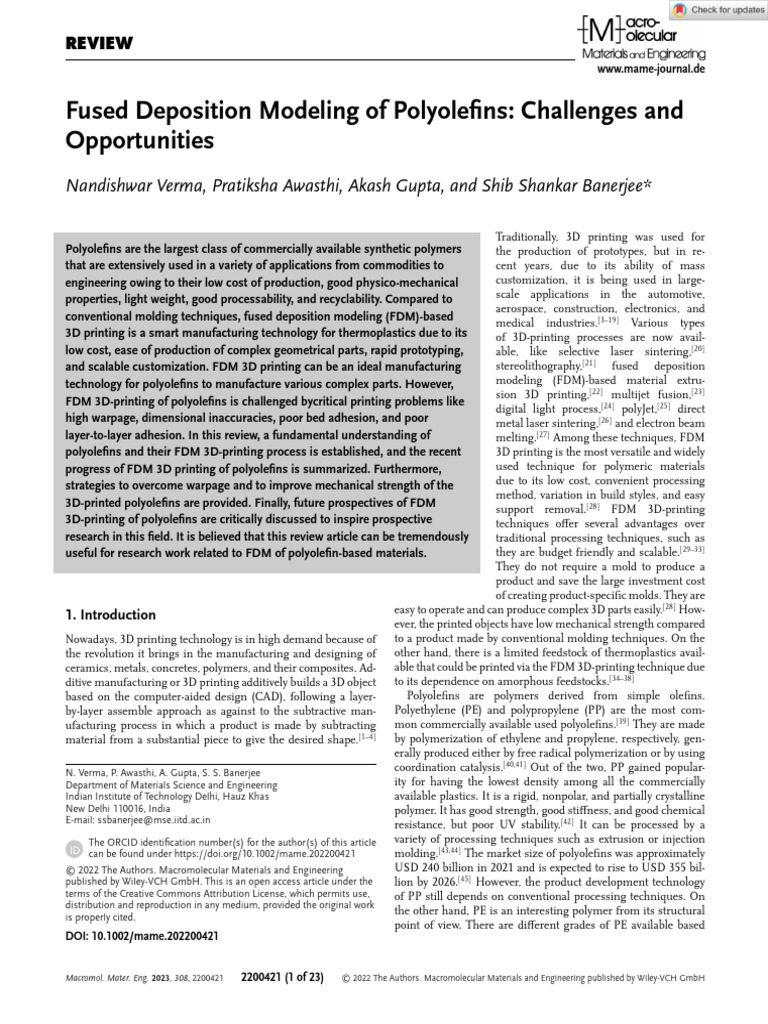 Fused Deposition Modeling of Polyolefins Challenges and Opportunities ...