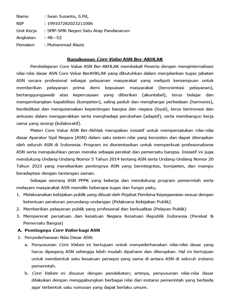 Tugas Resume - CORE VALUE ASN - IWAN SUSANTO, S.Pd. | PDF