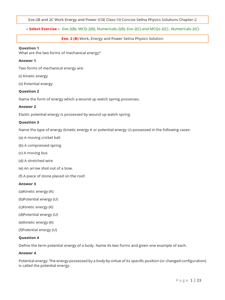 Exe-2B and 2C Work Energy and Power ICSE Class-10 Physics Solutions ...