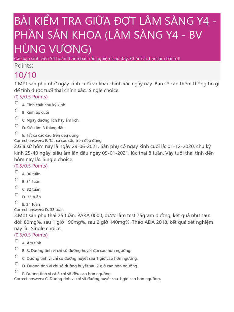 BÀI KIỂM TRA GIỮA ĐỢT LÂM SÀNG Y4 | PDF