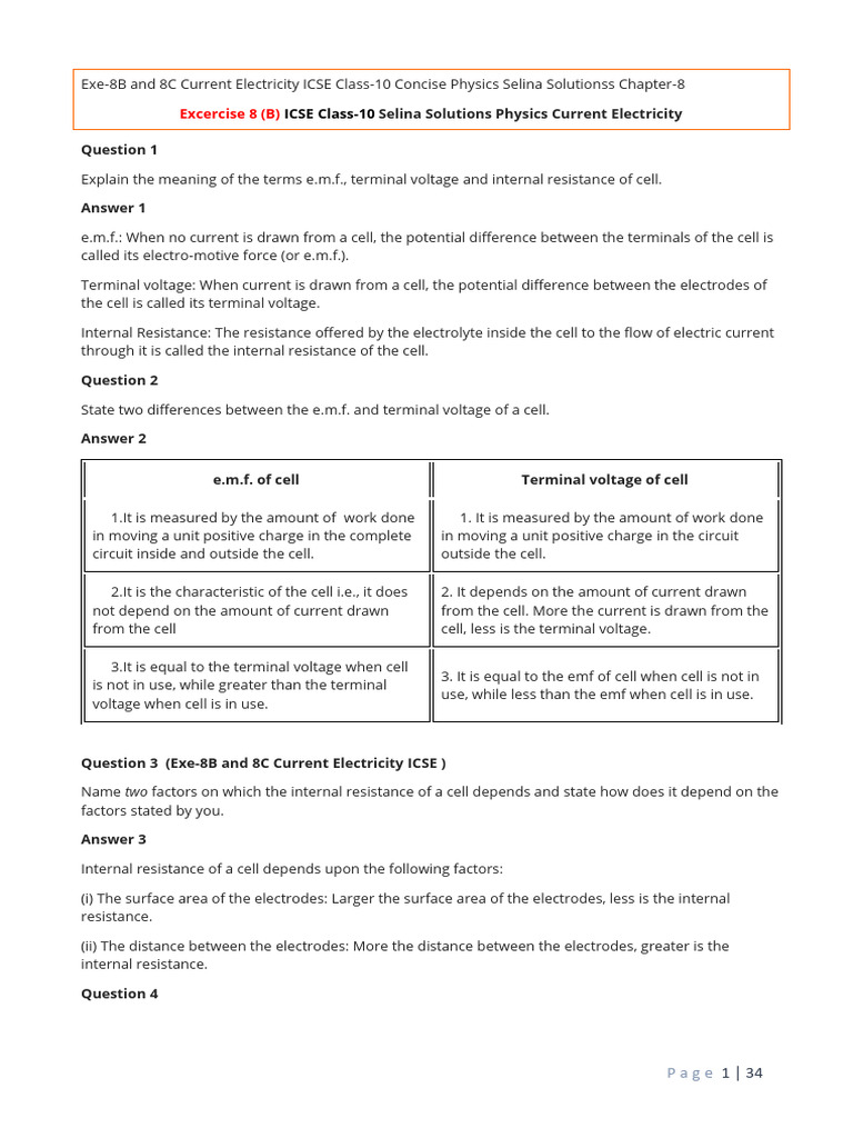 ICSE Class 10 Current Electricity Solutions | PDF | Voltage | Physical Sciences