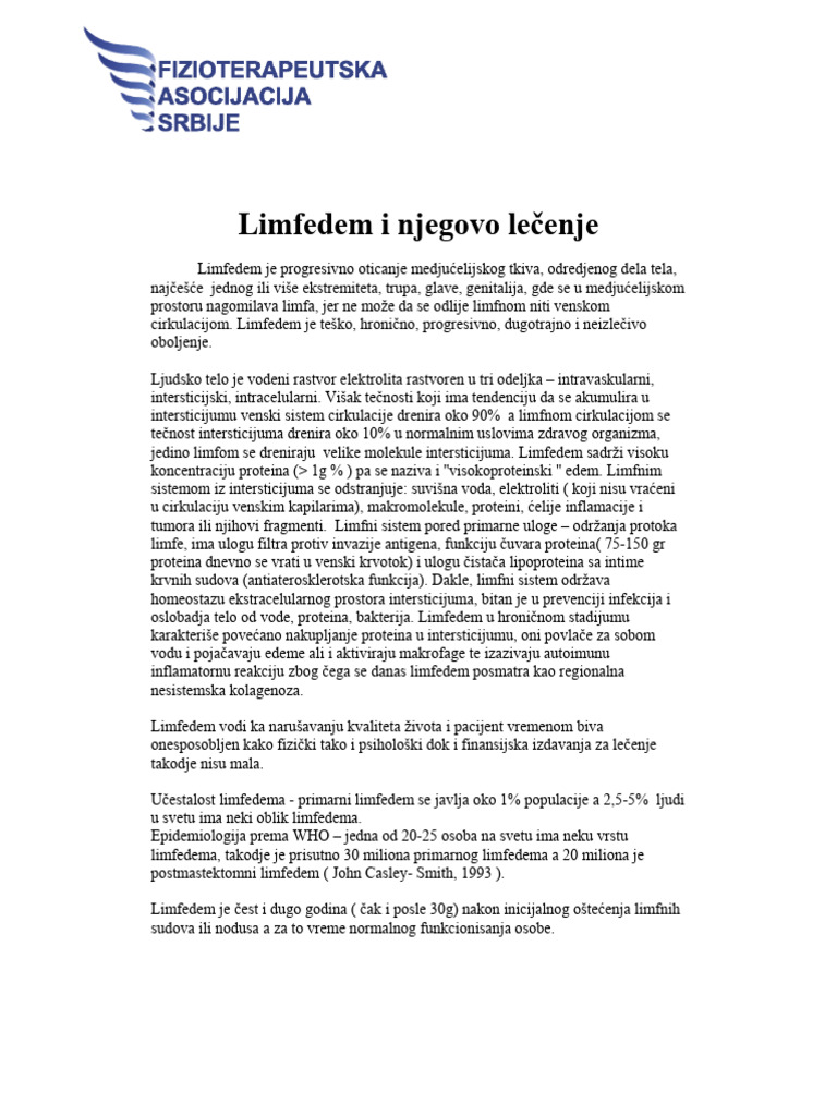 Limfedem I Njegovo Lečenje Literatura | PDF