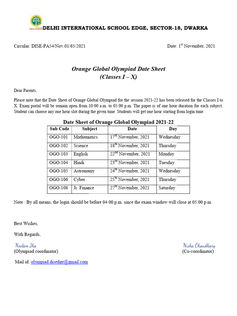 Circular - OGO Datesheet 2021-22 | PDF