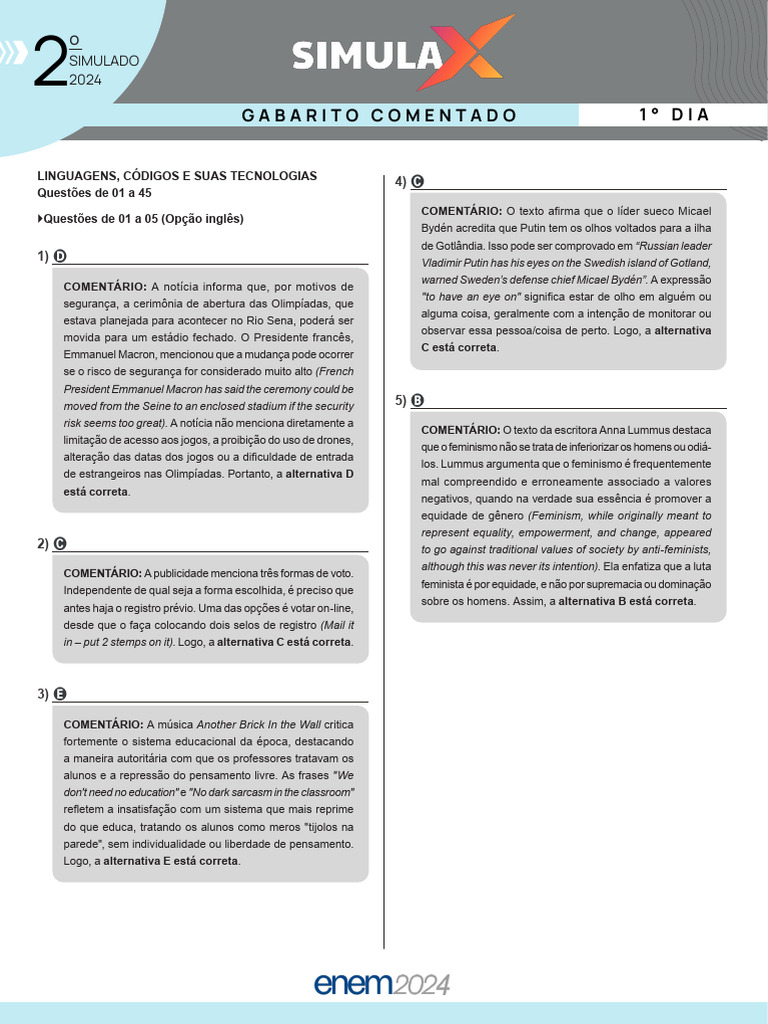 Gabarito (1° Dia) 2º Simula X - Linguagens e Humanas 2024 | PDF | Economia | Áustria Hungria