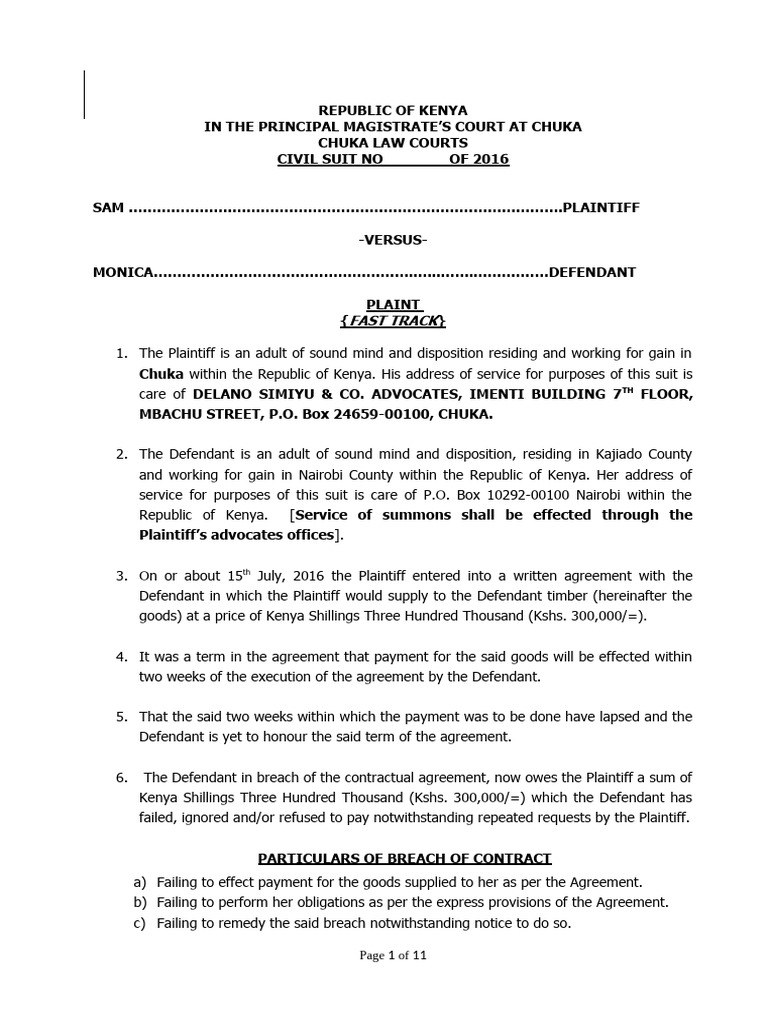 Sample Plaint and list of documents | PDF | Lawsuit | Affidavit