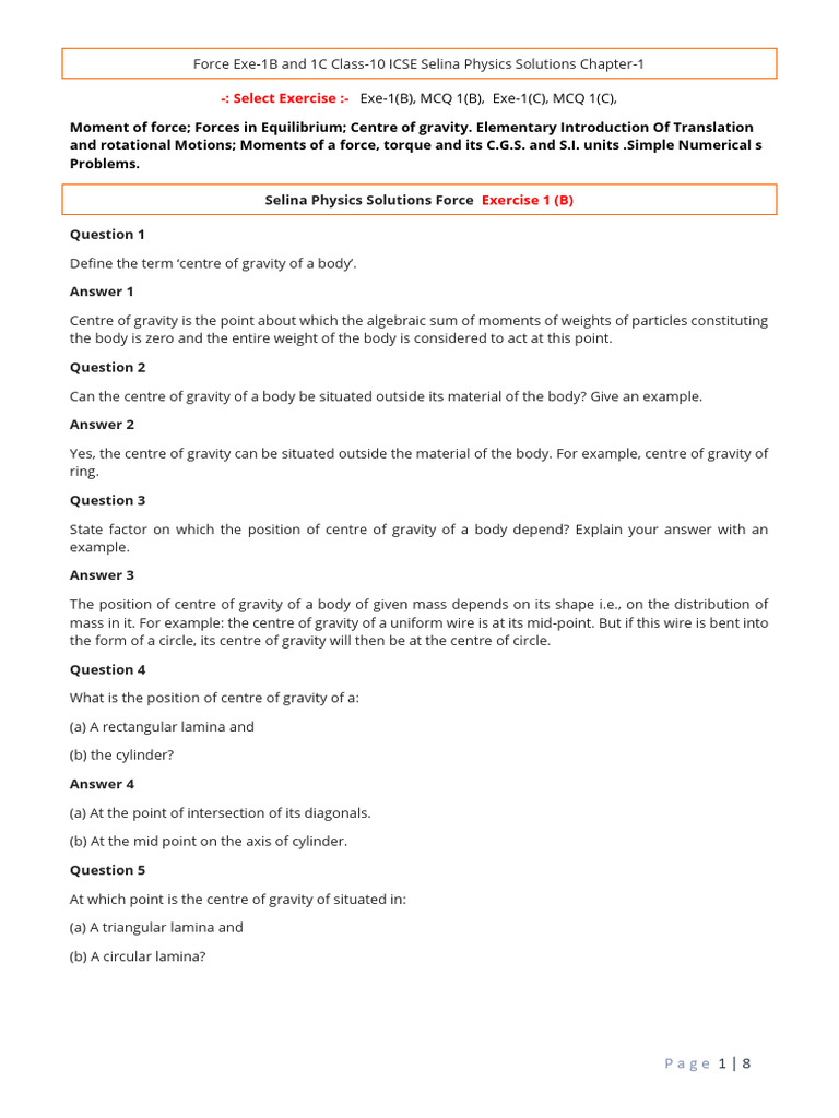 Force Exe-1B and 1C Class-10 ICSE Selina Physics Solutions Chapter-1 | PDF | Force | Acceleration