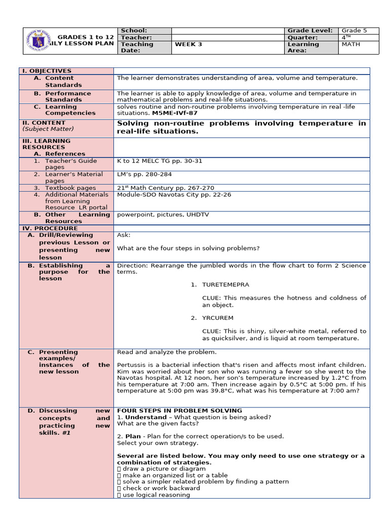 Grade 5 Math Lesson Plan: Temperature | PDF | Temperature | Learning