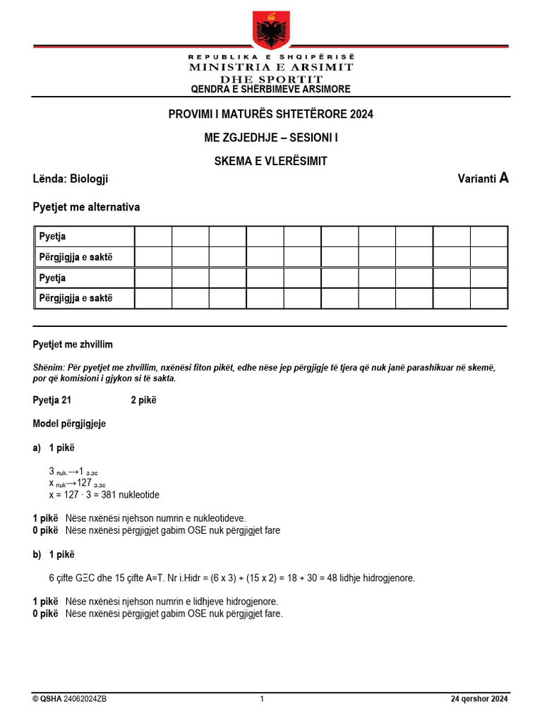 Biologji Varianti A Skema e Vleresimit | PDF