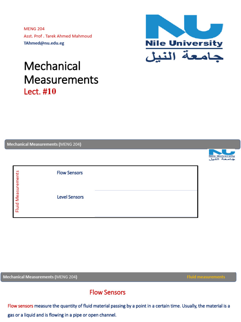 Lect - 10 - 2023mechanical Measurements | PDF | Fluid Dynamics | Flow Measurement