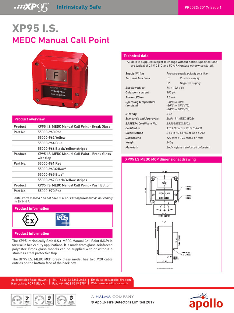 PP5033 XP95 I.S. MEDC Manual Call Point Datasheet | PDF | Manufactured Goods | Electricity