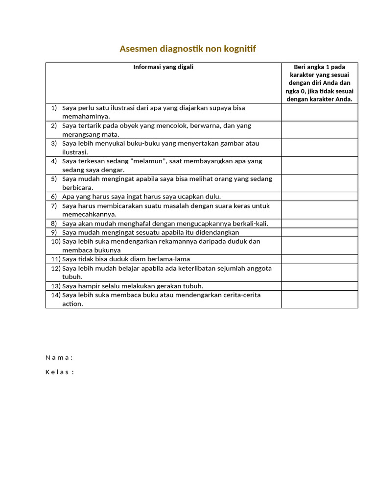 Asesmen Diagnostik Non Kognitif | PDF