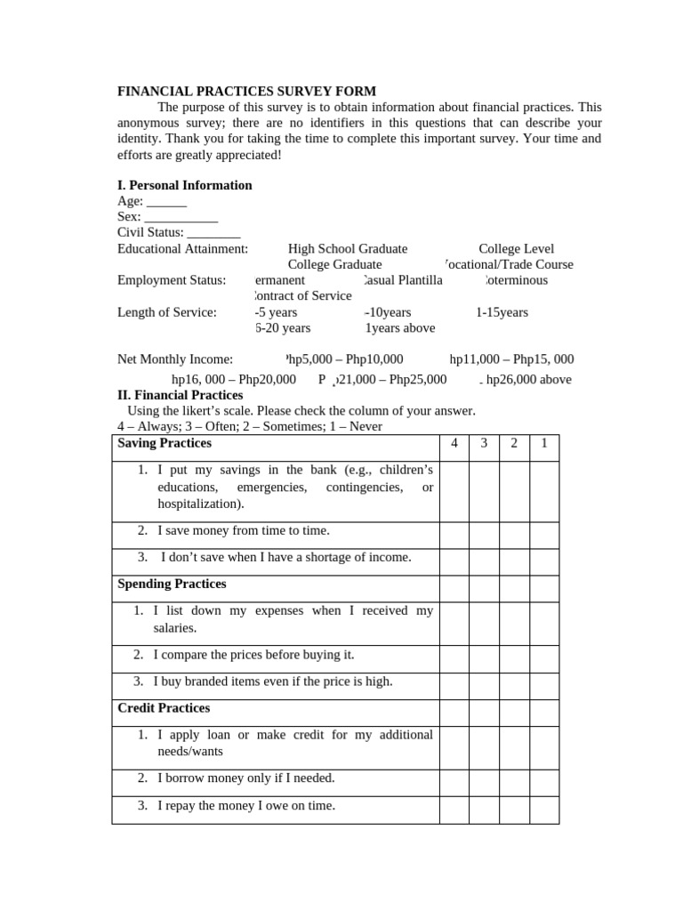 Financial Practices Survey Questionnaire | PDF | Money | Financial Markets