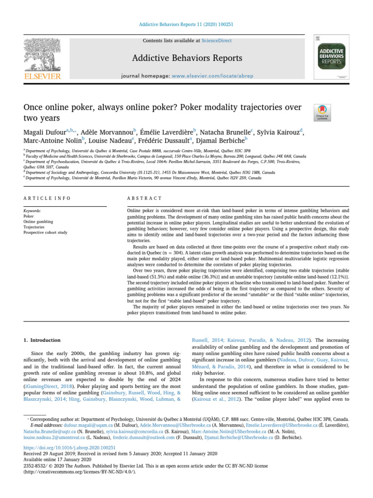 Online Poker Mod Pref. (2020) - Addict Behav, 106, 106650 | PDF ...