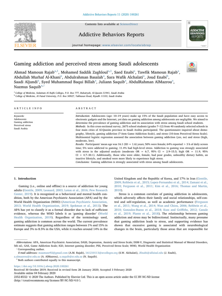 Gaming Stress Saudi. (2020) - Addict Behav Rep, 6, 106620 | PDF | Mental Disorder | Multilevel Model