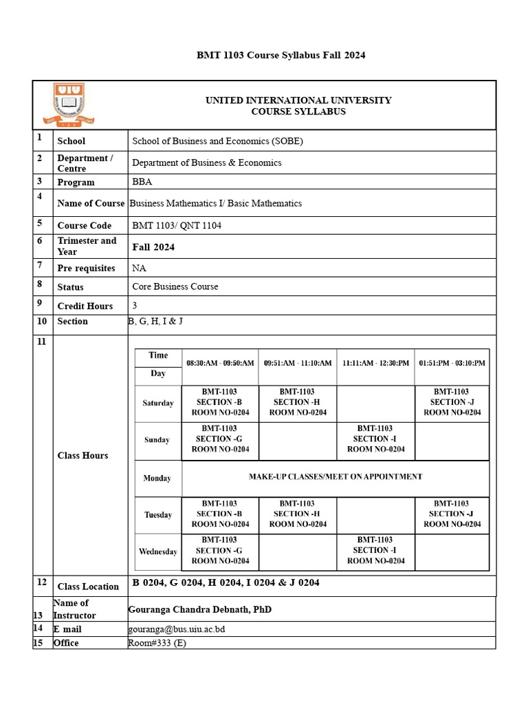 BMT 1103 Business Mathematics Syllabus | PDF | Mathematics