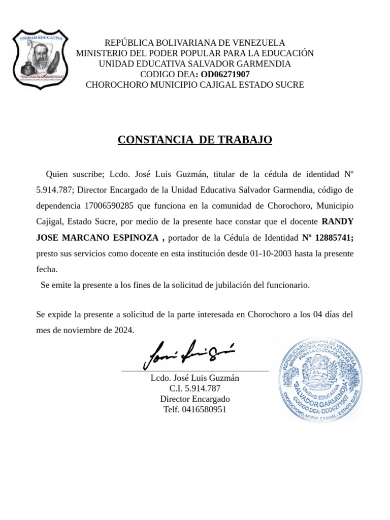 Constancia de Trabajo Randy Marcano | PDF
