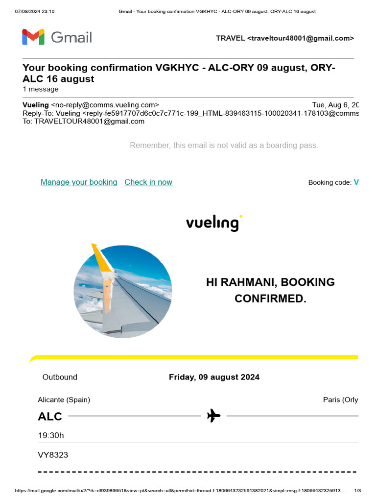 Vueling Flight Confirmation Notice | PDF