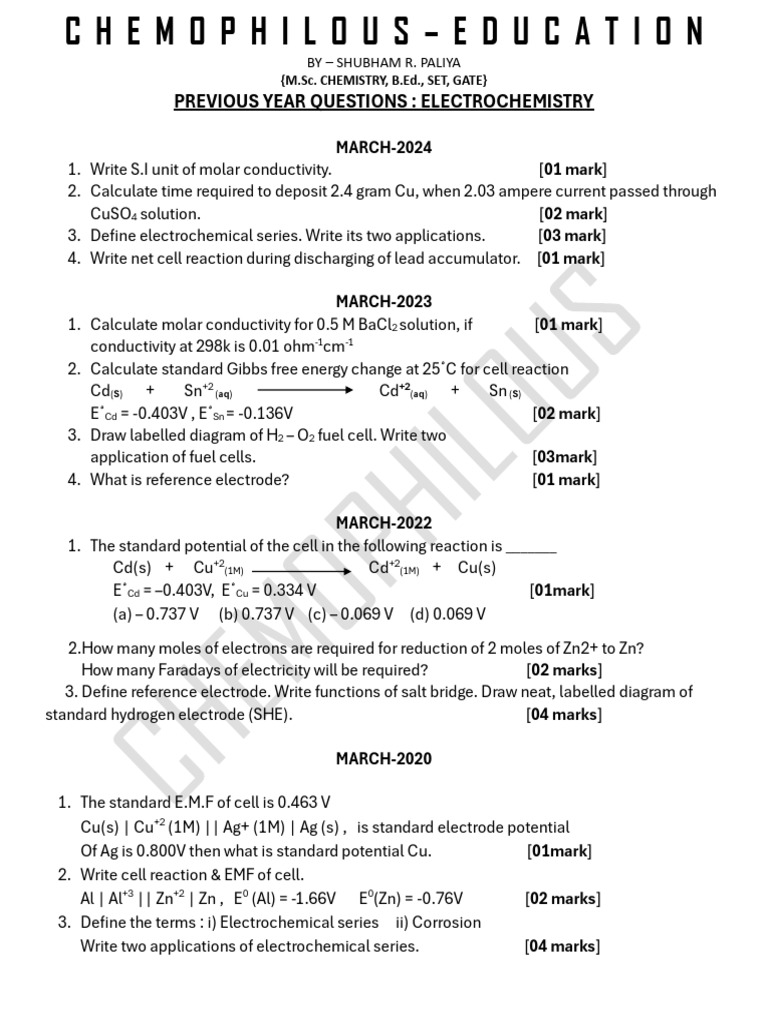 PYQ ELECTROCHEMISTRY | PDF | Electrochemistry | Electricity