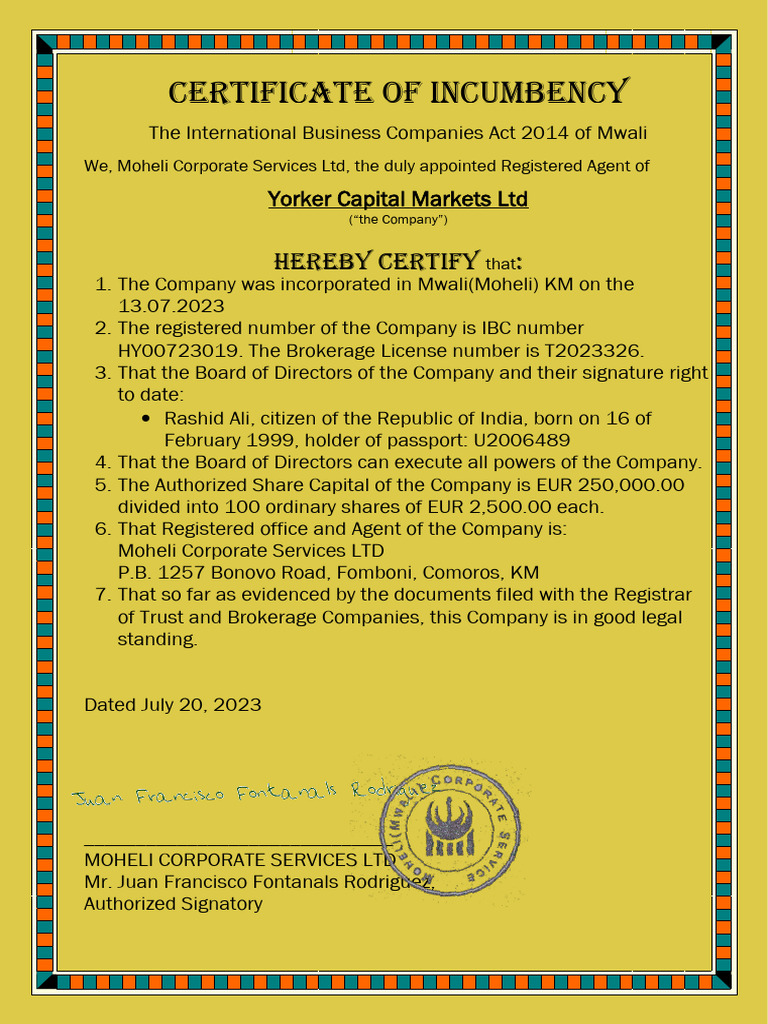 Certificate of Incumbency for Yorker Capital | PDF