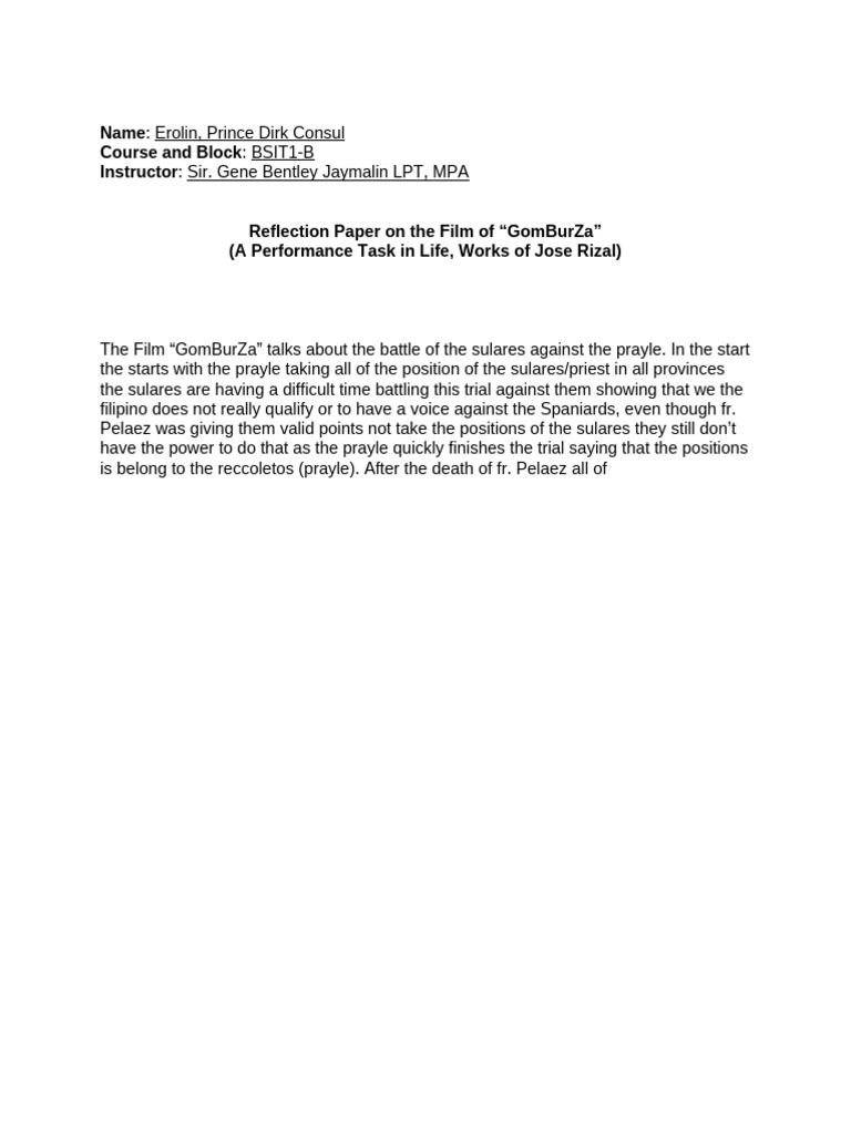 Reflection on "GomBurZa" Film | PDF