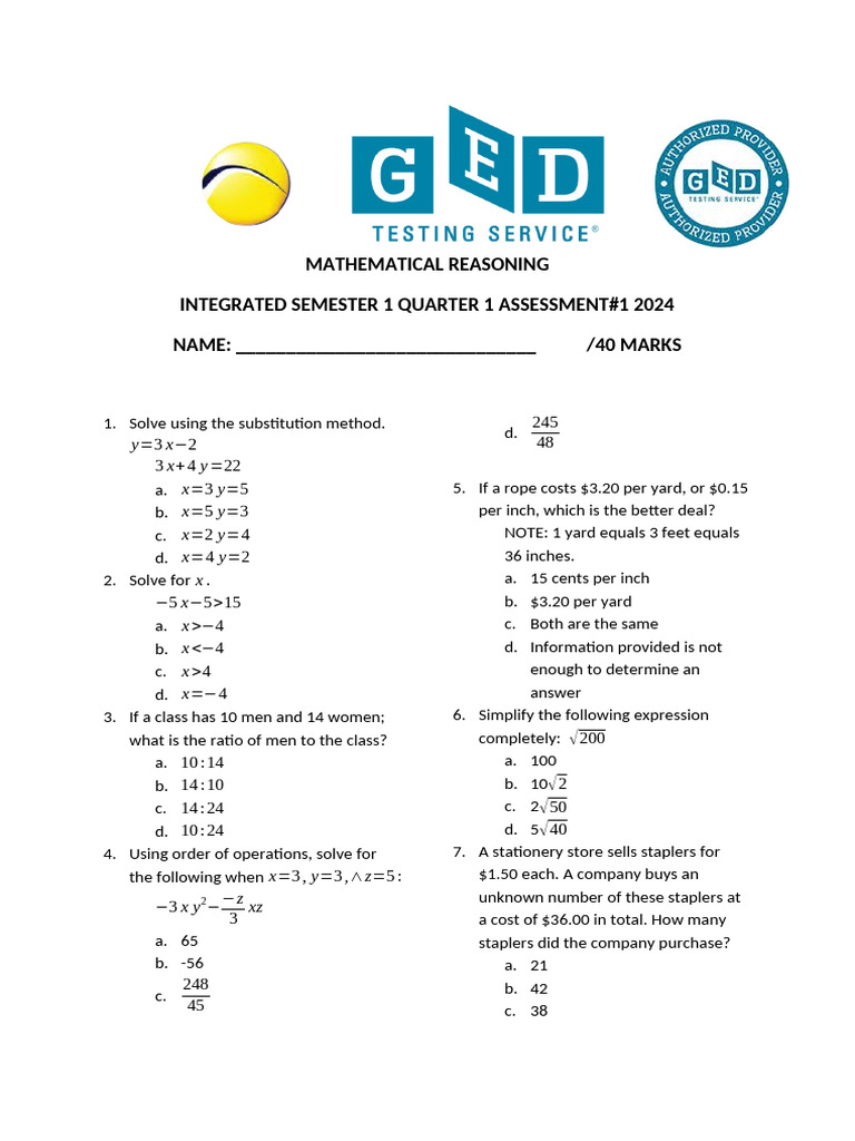 GED MARCH MATH TEST | PDF | Division (Mathematics) | Mathematics