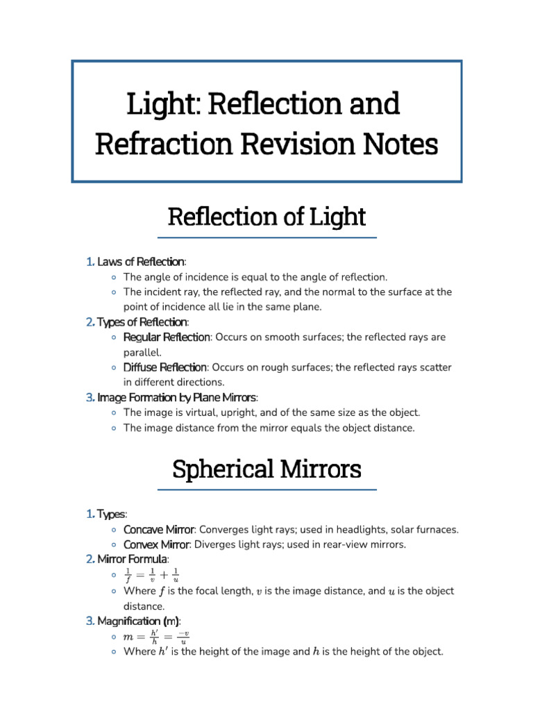 Light Reflection and Refraction Revision Notes | PDF